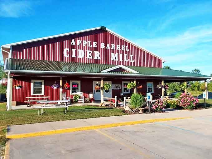 That red barn facade isn't just pretty to look at, it's your first hint that something delicious is about to happen.