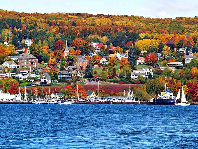 Bayfield's autumn transformation turns the hillside into nature's own fireworks display, with Lake Superior providing the perfect blue backdrop.