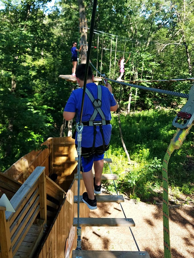 The entrance to Bemis Woods South welcomes visitors to a world where adventure literally grows on trees, and parking is mercifully easier than downtown Chicago.