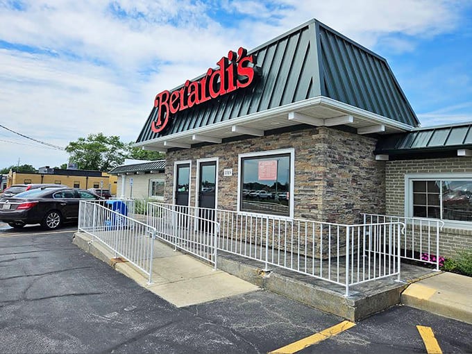 The iconic red Berardi's sign welcomes hungry visitors like a beacon of hope for empty stomachs and weary travelers.