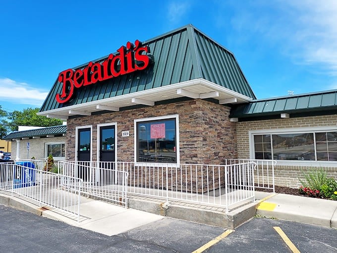 The iconic red Berardi's sign welcomes hungry visitors like a beacon of culinary hope against the Sandusky sky.