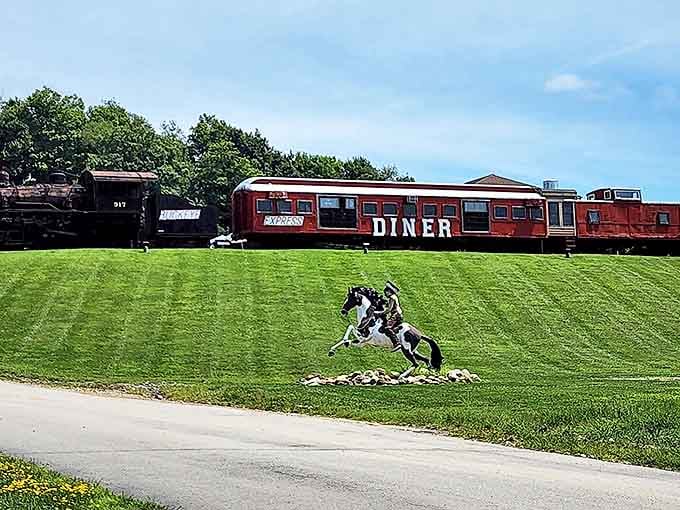 The crimson rail car of Buckeye Express Diner stands proudly against the Ohio sky, promising a dining adventure that's definitely off the rails.