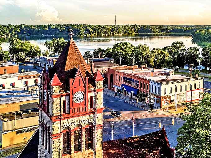 Cassopolis's iconic clock tower stands sentinel over Broadway Street, where time seems to move at its own leisurely pace.