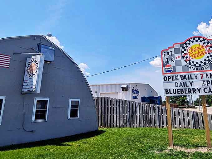 Charlie Parker's Diner: A silver Quonset hut with a bold sign promising "Eat It & Beat It" &ndash; Springfield's beloved breakfast landmark stands ready for hungry pilgrims.
