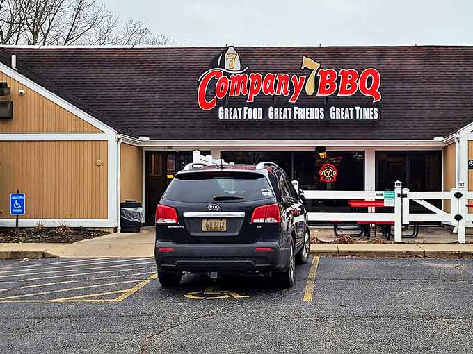 Company 7 BBQ's welcoming exterior promises "GREAT FOOD, GREAT FRIENDS, GREAT TIMES" &ndash; a smoky pledge they keep with every plate.