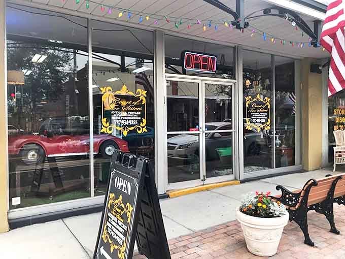 The welcoming storefront promises adventures in vintage treasure hunting, complete with cheerful bunting that says "come on in, the past is friendly here."