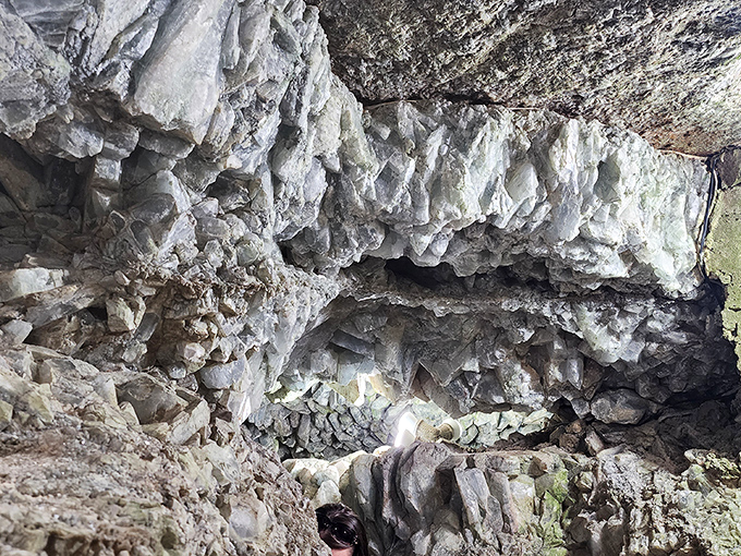 Nature's own art installation &ndash; celestite crystals transform this underground chamber into a geological masterpiece that seems almost deliberately designed.