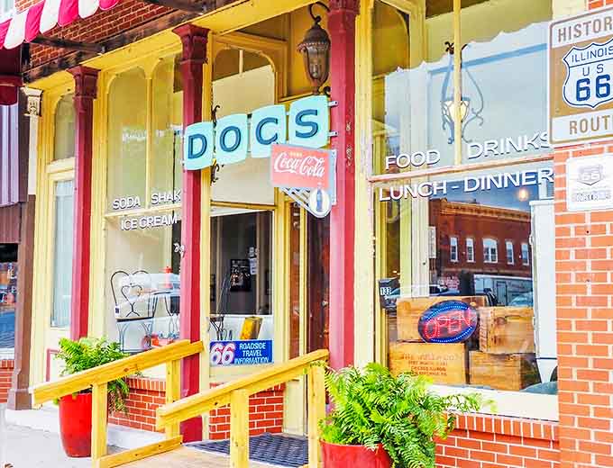 A slice of Americana awaits behind that red-and-cream awning, where those turquoise "DOCS" letters promise a journey back to simpler times.