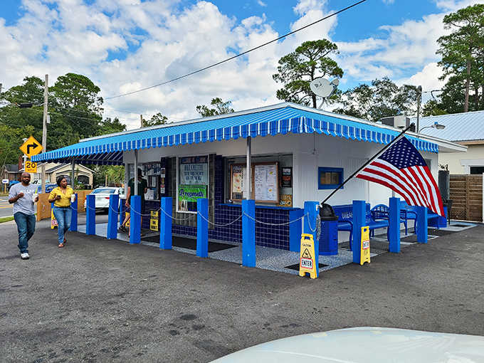 The iconic blue and white Dreamette stand beckons with its cheerful awning and American flag &ndash; a sweet slice of Americana in Jacksonville.
