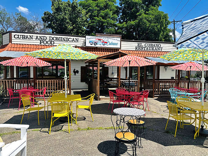 A splash of Caribbean sunshine on a Minnesota corner, where vibrant umbrellas and colorful chairs promise tropical flavors await.