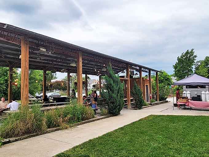 The rustic covered patio at Eli's BBQ invites you to kick back and let the smoky aromas work their magic on your senses.