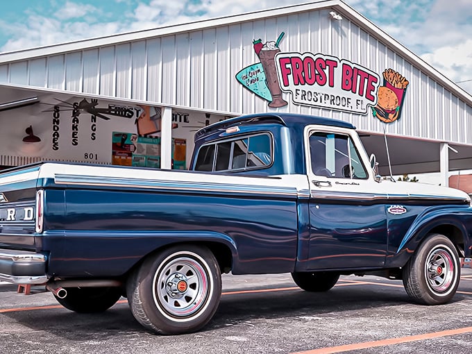 Vintage charm meets sweet indulgence at Frostbite's exterior, where that classic blue Ford pickup seems to have traveled through time just for your Instagram feed.