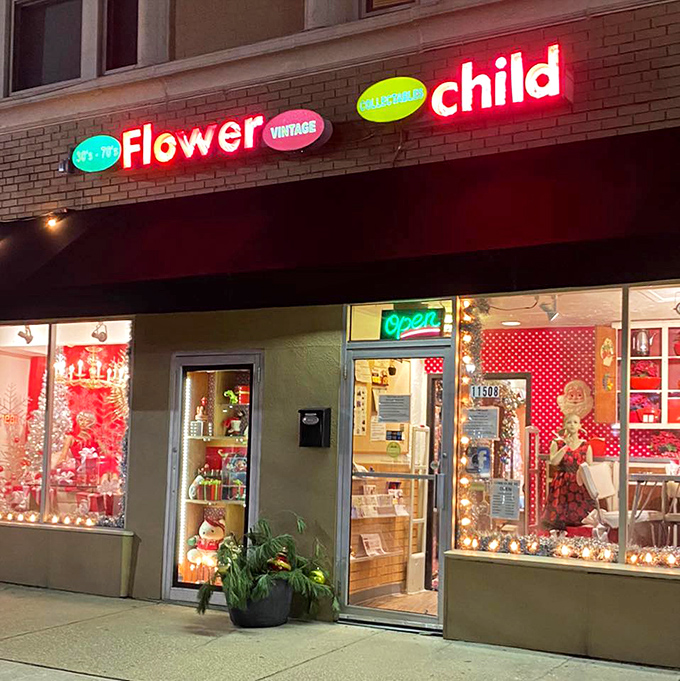 The neon glow of Flower Child's storefront beckons like a portal to decades past, promising treasures your Instagram feed desperately needs.