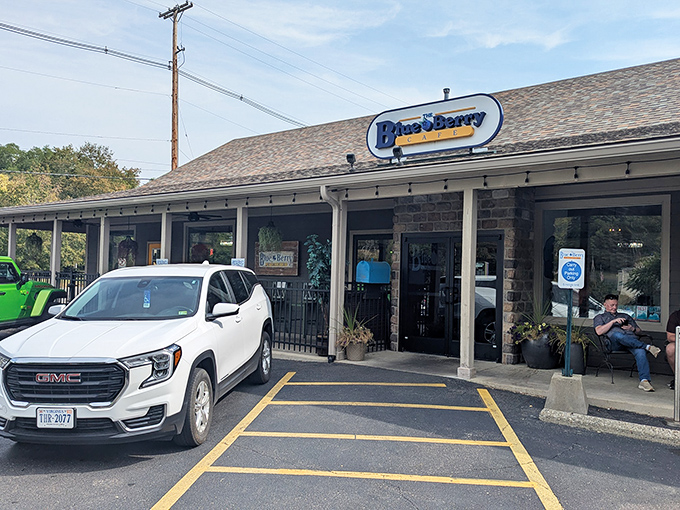 The Blue Berry Caf&eacute;'s welcoming exterior promises breakfast magic within &ndash; just follow the blue sign to pancake paradise.