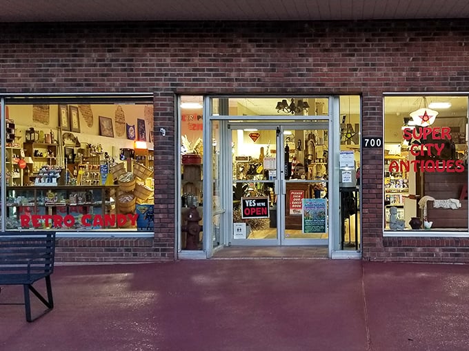 The inviting brick fa&ccedil;ade of Super City Antiques beckons with promises of treasures within, its vintage signage a portal to yesteryear.