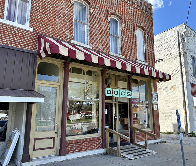 A slice of Americana awaits behind that striped awning &ndash; Docs Just Off 66 stands as a brick-and-mortar time capsule on Illinois' historic route.