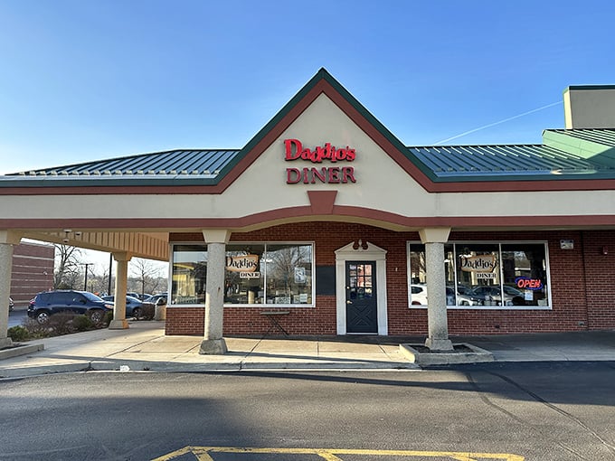 Daddio's Diner exterior beckons with its classic brick fa&ccedil;ade and welcoming red signage &ndash; a pancake paradise hiding in plain sight.