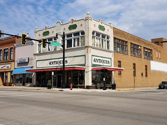 The stately white cornerstone building houses Touches of Time Antique Mall, its classic architecture and bold "ANTIQUES" signage beckoning treasure hunters from across Van Wert.