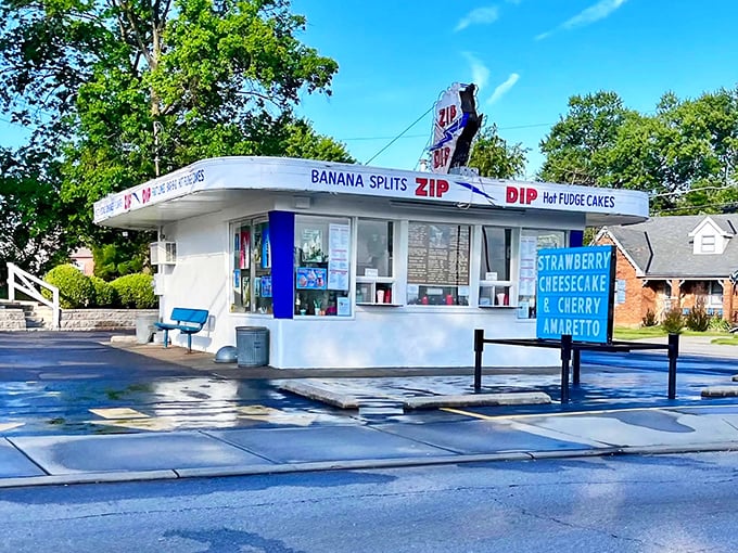 The iconic white building with its bold signage stands as a beacon of sweet nostalgia in Cincinnati, promising frozen delights that transcend time.