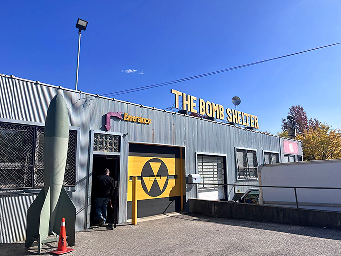 The unmistakable exterior of The Bomb Shelter, complete with missile prop and nuclear warning symbol &ndash; apocalypse shopping at its finest!