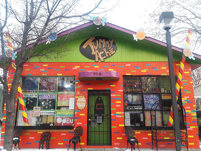 The rainbow-colored exterior of Tummy Ache is like a beacon of joy in Detroit's landscape &ndash; Willy Wonka would approve!
