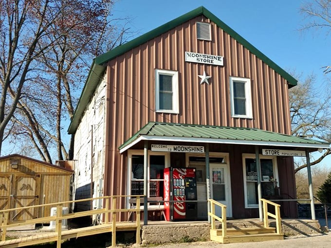 The iconic Moonshine Store stands proudly in rural Illinois, its weathered wooden exterior hiding burger treasures within.