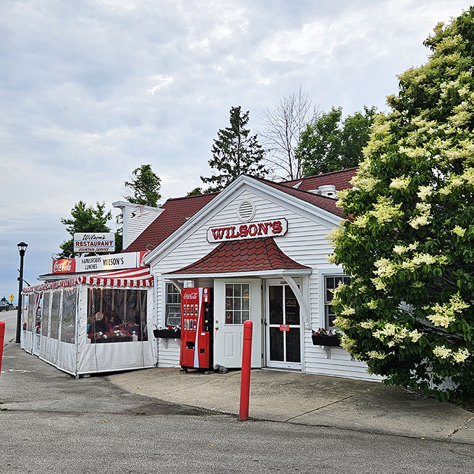 Wilson's classic white exterior with red-striped awnings stands as a beacon of nostalgia in Ephraim, promising delicious memories in every bite.