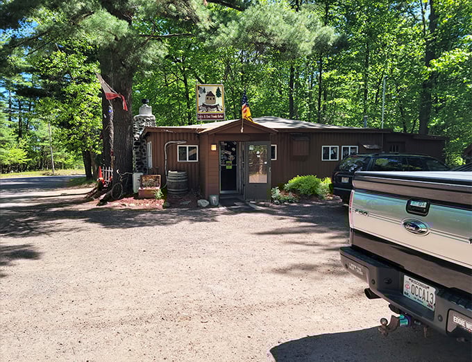 The unassuming exterior of The Little Brown Jug hides a world of wonder within its wooden walls.