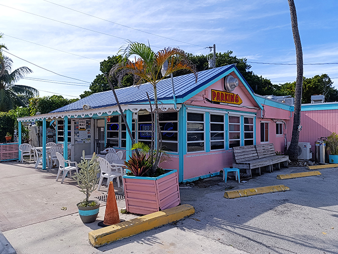 A pastel paradise awaits at Mrs. Mac's Kitchen, where the pink and turquoise exterior promises tropical flavors and Keys hospitality inside.