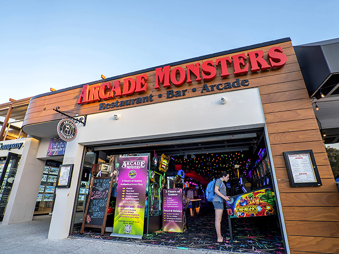 The wooden-accented fa&ccedil;ade of Arcade Monsters glows with promise as neon lights beckon gamers and foodies alike into this Florida wonderland.