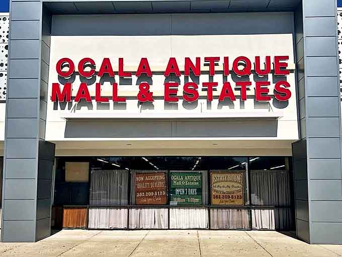 The bold red lettering beckons treasure hunters like a siren song, promising adventures in nostalgia just beyond those doors.