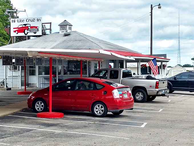 The iconic Hi-Lite Cruz-In stands proudly against the Michigan sky, its vintage sign and classic architecture promising a delicious trip back in time.