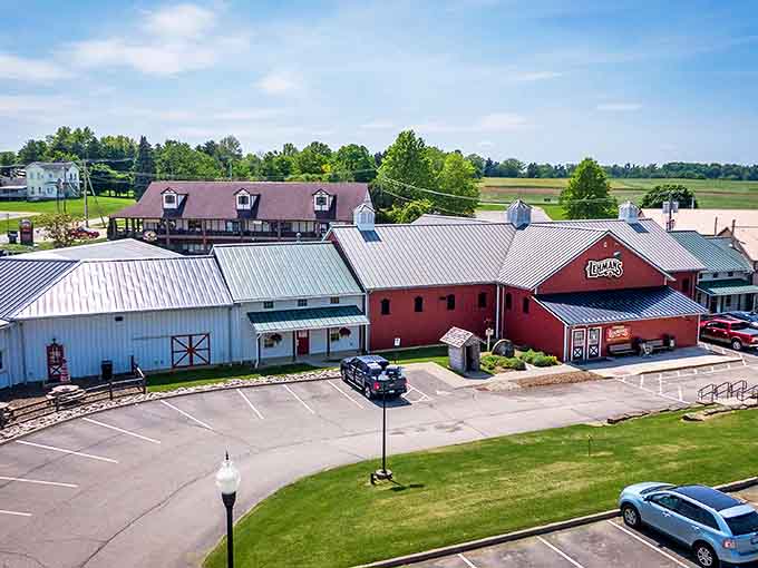 Aerial view of Lehman's complex reveals its charming barn-like structures nestled in Ohio countryside, a retail wonderland disguised as a traditional farm setting.