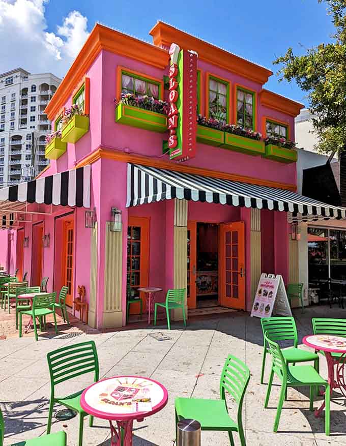 A hot pink building with lime green accents that doesn't whisper but shouts "Fun inside!" &ndash; Sloan's stands out like a dessert mirage in West Palm Beach.