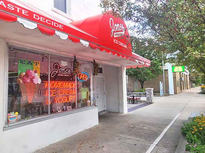 The iconic red awning of Jones beckons ice cream lovers like a sweet mirage in the Michigan sunshine.