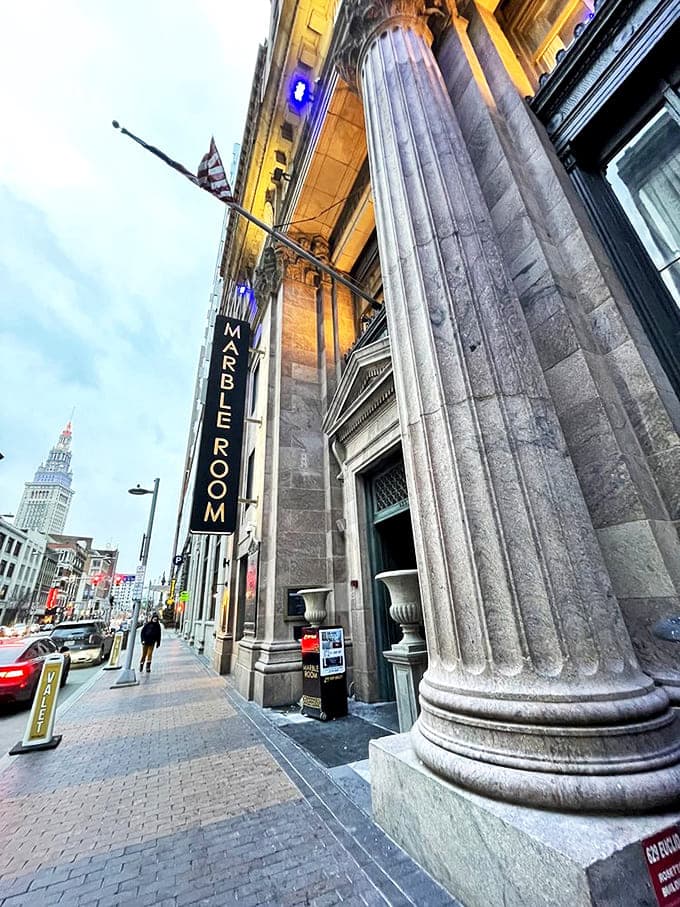 The imposing exterior of Marble Room beckons with classical columns and urban grandeur &ndash; banking on your appetite for both history and prime beef.