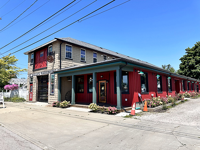 The red and gray exterior of Fat Sally's Warehouse looks like a vintage firehouse had a baby with an antique lover's dream, complete with barn doors that practically beg you to explore what's inside.