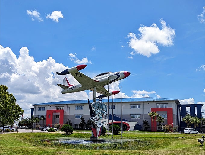 The Florida Air Museum's entrance makes quite the first impression with that T-33 Shooting Star jet dramatically mounted skyward. Aviation dreams take flight before you even walk in!