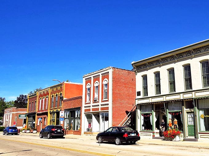 Historic Main Street in Fulton whispers stories of riverboat days, with brick buildings standing proud against the Illinois sky.