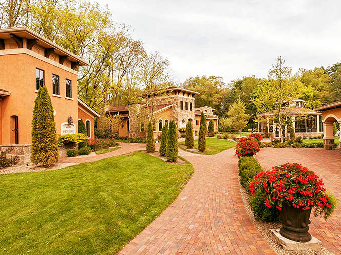 Terracotta buildings and manicured pathways create a Tuscan mirage in Ohio, where every corner feels like a postcard come to life.