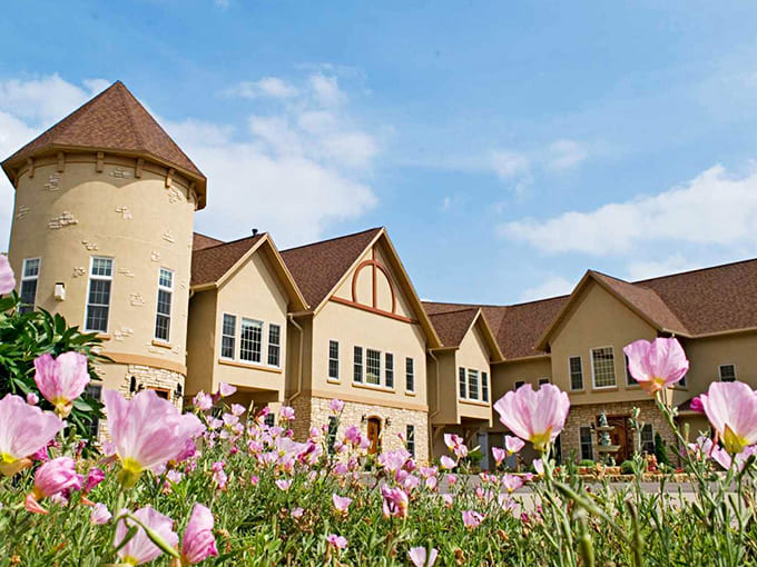 The Goldmoor Inn stands majestically against a blue sky, its castle-like facade framed by delicate pink cosmos flowers &ndash; fairytale living in the heartland.