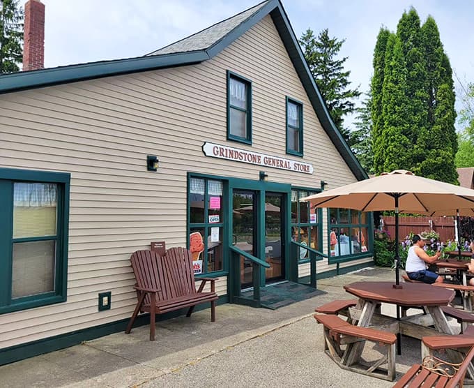 The unassuming yellow exterior of Grindstone General Store hides a world of ice cream wonders within, like a dairy-filled treasure chest waiting to be discovered.
