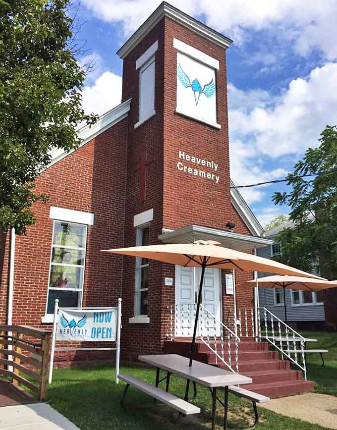 A century-old brick church reborn as ice cream paradise &ndash; Heavenly Creamery's fa&ccedil;ade promises divine treats within those sacred walls.