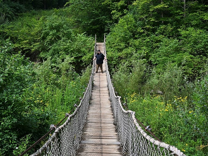A wooden suspension bridge stretches across the lush green valley, inviting adventurers to cross into nature's playground at Caesar Creek.