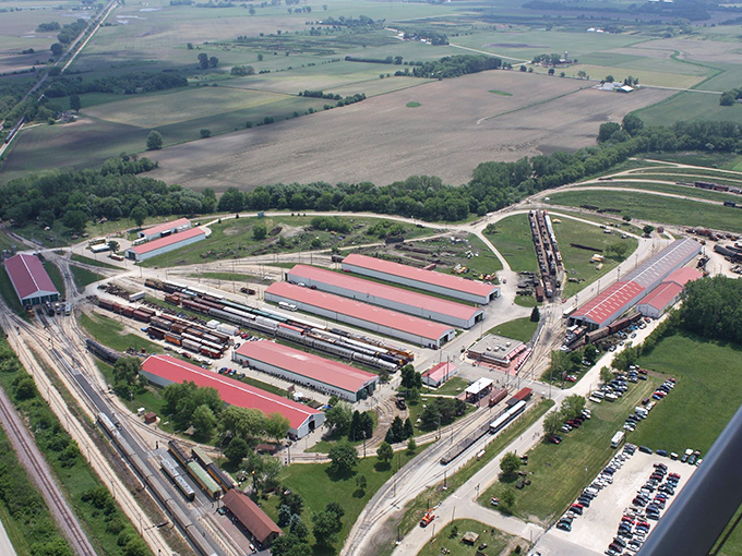 Aerial majesty: The Illinois Railway Museum sprawls across acres of history, each building housing mechanical treasures waiting to be discovered.