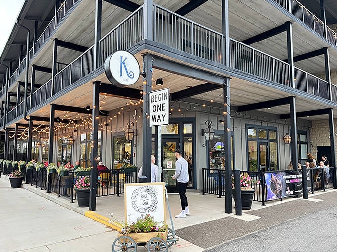Krewe's modern exterior beckons with its elegant "K" logo and inviting patio &ndash; a slice of New Orleans architecture that somehow found its way to Minnesota.