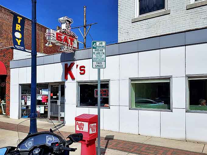That vintage neon sign isn't trying to be retro-cool &ndash; it's the real deal, beckoning hungry travelers to Troy's beloved burger institution since forever.