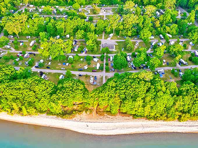 Lakeport State Park from above: Nature's perfect campground layout, where every road leads to adventure and Lake Huron's shoreline beckons just steps away.