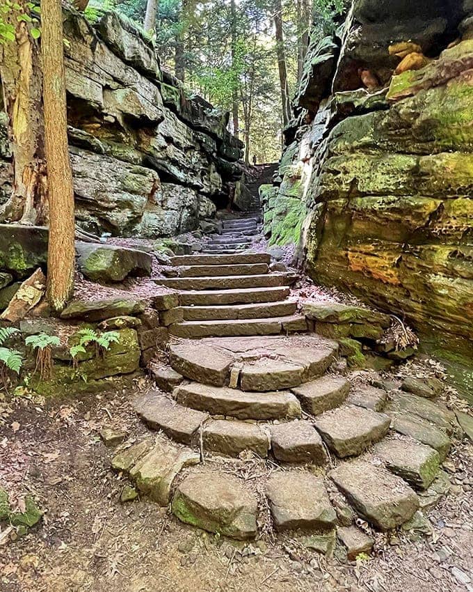 Ledges Trailhead: Ancient stone steps beckon adventurers into a geological time machine, where 320-million-year-old sandstone tells Earth's patient story.