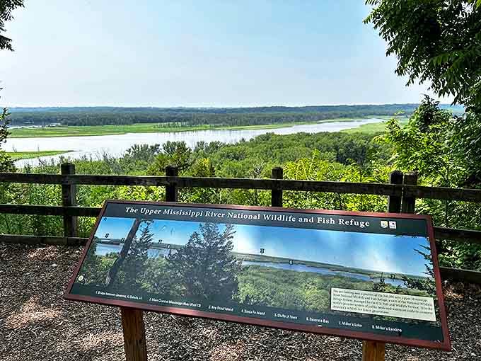 A postcard-perfect view from Louis Point, where the mighty Mississippi stretches like a blue ribbon through Michigan's verdant landscape.